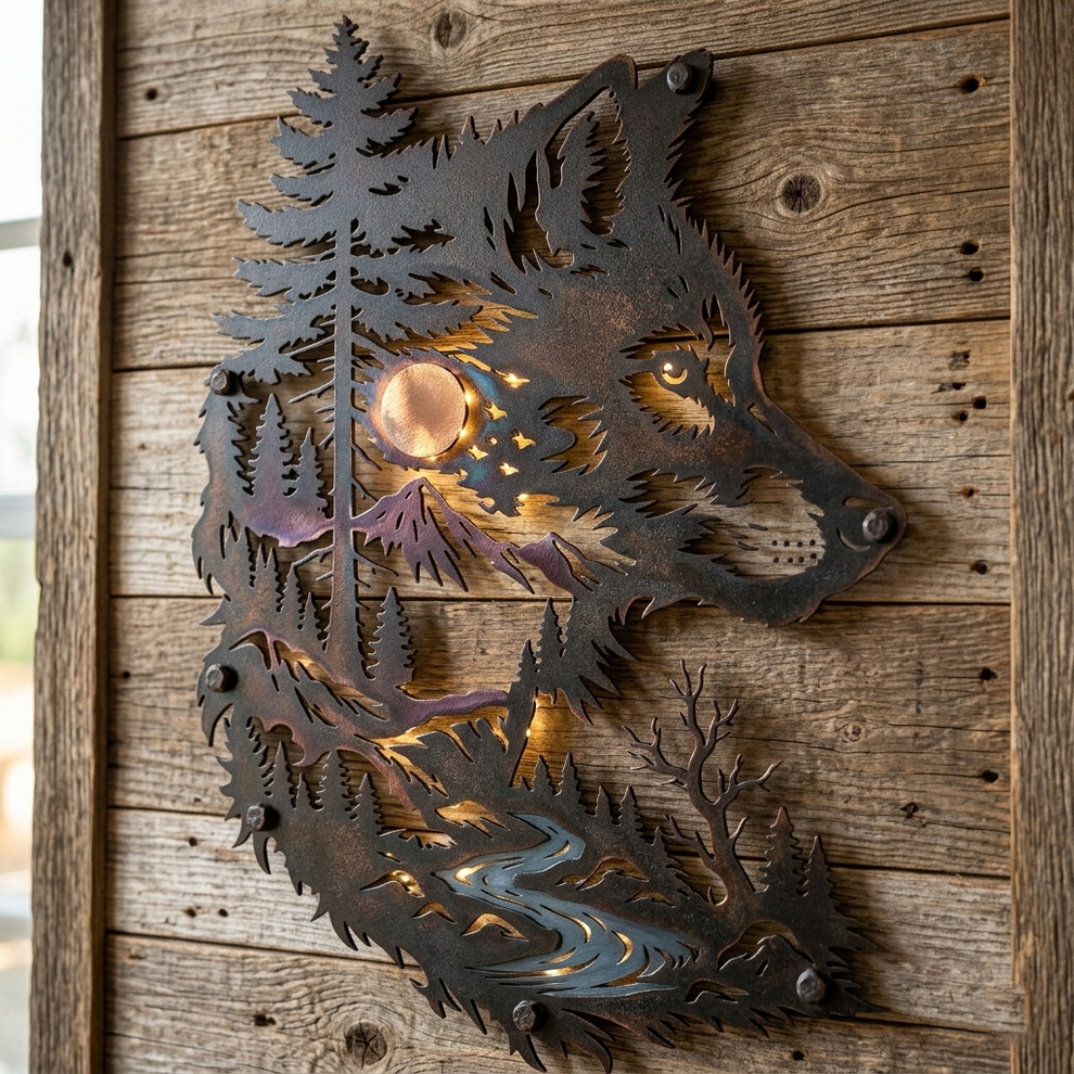 Wolf Head Tree Metal Sign Rustic Cabin Wildlife Wall Art – Metal Art Signs