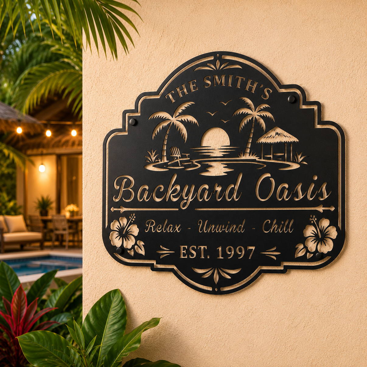 Personalized Tropical Backyard Oasis Metal Sign | Metal Art Signs
